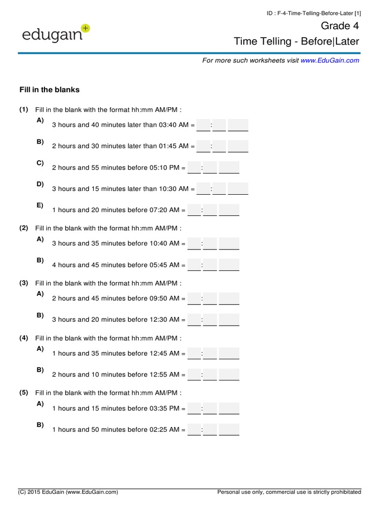 Time Telling Worksheet for Grade 4 | PDF | Career & Growth