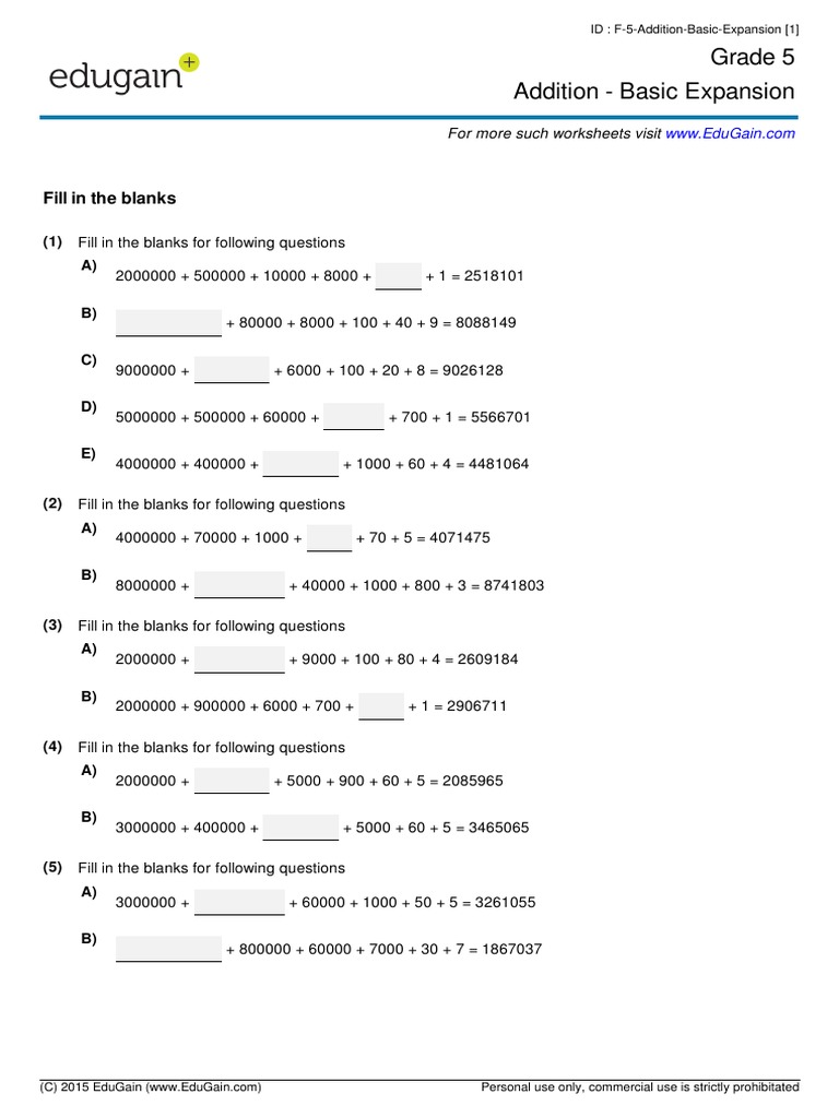 Grade 5 Addition Worksheets | PDF | Computers