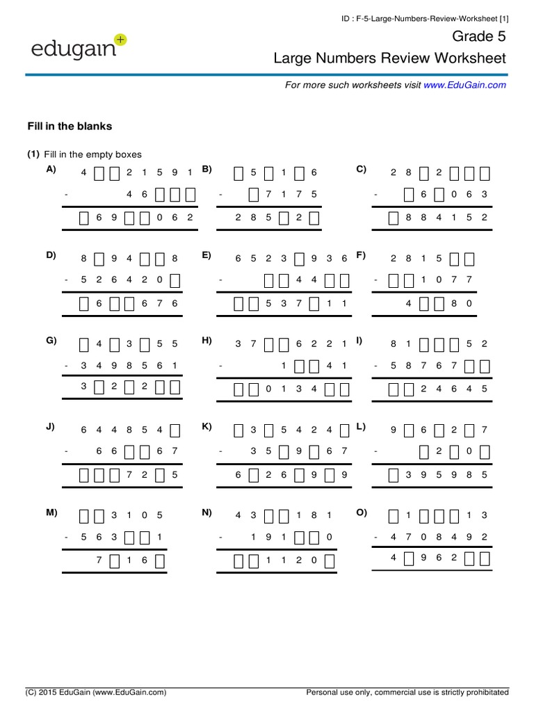 Grade5 Large Numbers Review Worksheet PDF | PDF
