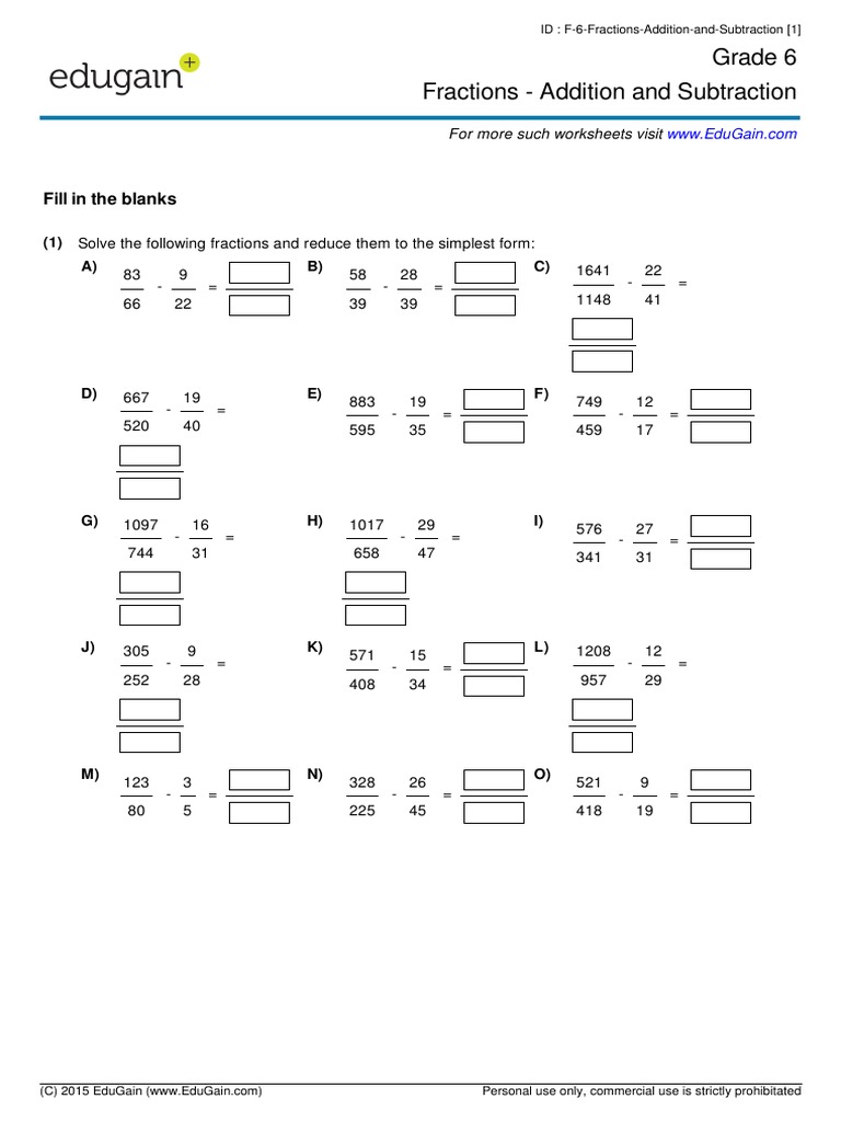 Grade6 Fractions Addition and Subtraction PDF | PDF | Fraction ...