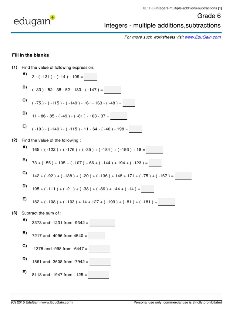 Grade6 Integers Multiple Additions Subtractions PDF | PDF | Subtraction ...