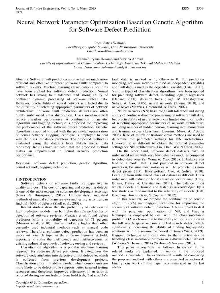Neural Network Parameter Optimization Based On Genetic Algorithm For Software Defect Prediction ...