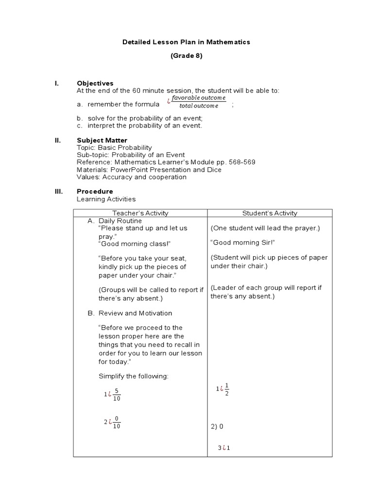 Detailed Lesson Plan in G 8 | PDF | Odds | Probability