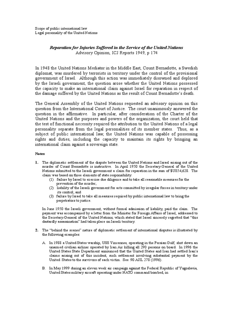 Reparation For Injuries Suffered in The Service of The UN | PDF ...