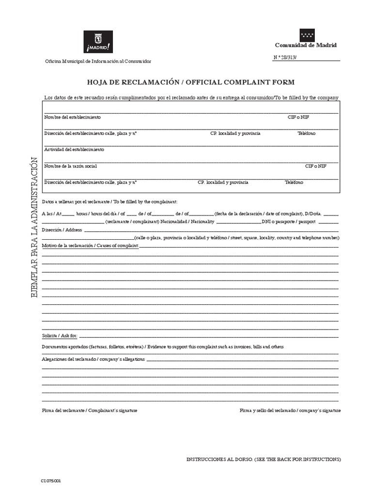 Hojas de Reclamación | España
