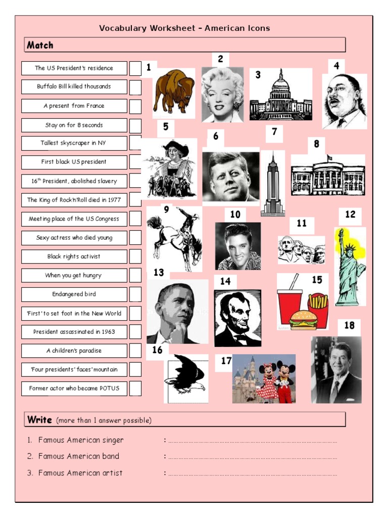 3166 Vocabulary Matching Worksheet Quiz American Icons Landmarks | PDF ...