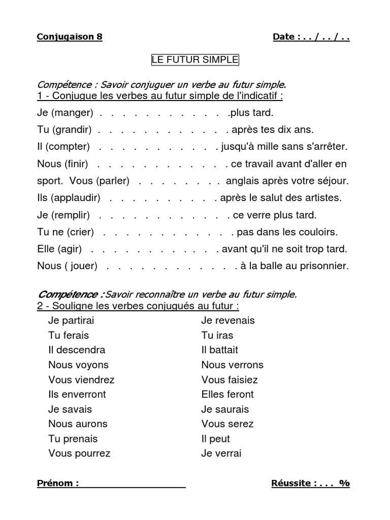 Conjugaison des verbes au futur simple | PDF | Philologie | Arts du ...
