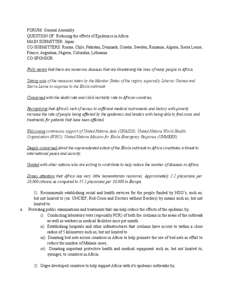 Mun Resolution General Assembly 1 | PDF | Epidemics | Ebola Virus Disease