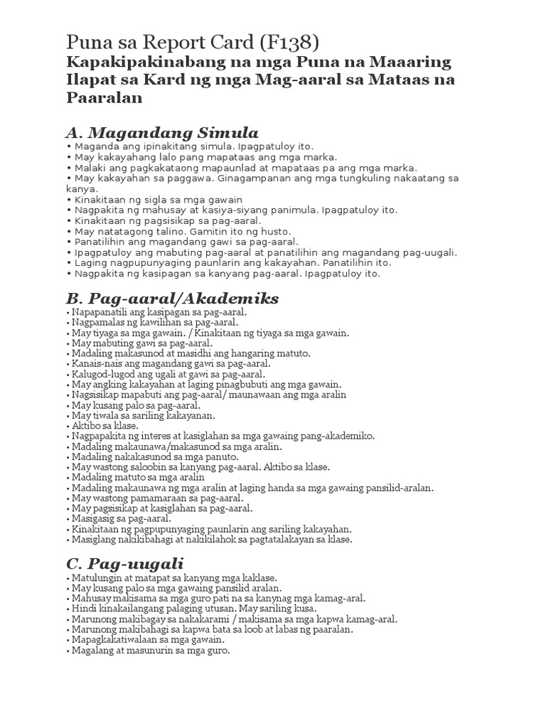 Puna Sa Report Card | PDF
