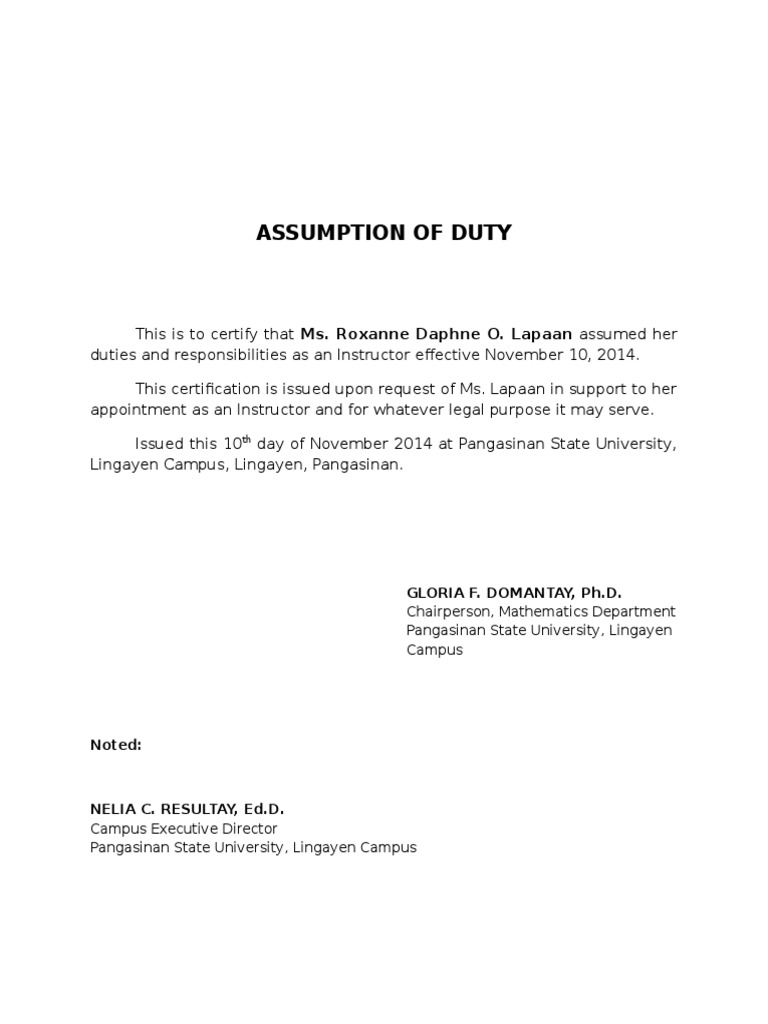 Assumption of Duty | PDF