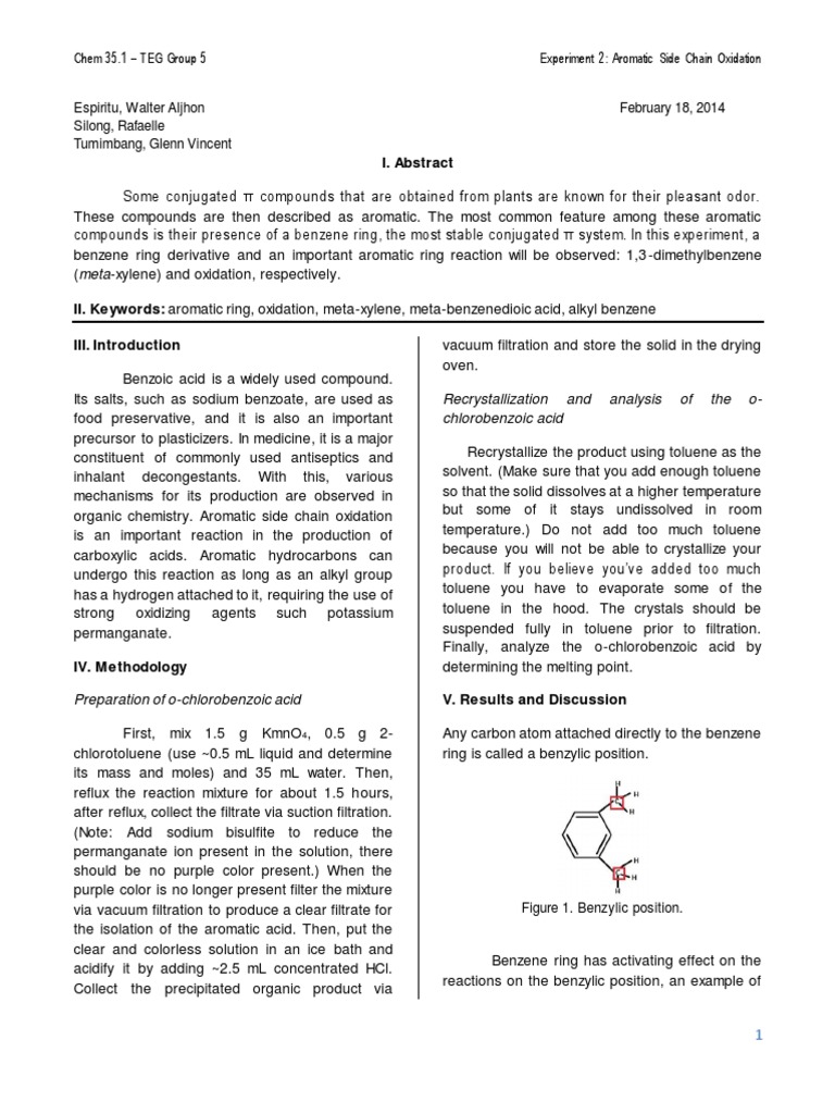 CHEM35.1 E2 Aromatic Side Chain Oxidation | PDF | Toluene | Benzene