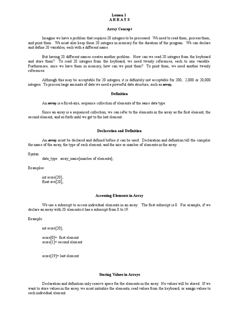 C Programming Lesson On One Dimensional Arrays Pdf Array Data Structure C Programming
