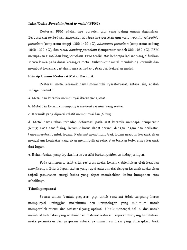 Restorasi PFM: Inlay dan Onlay Gigi | PDF | Teknologi & Rekayasa