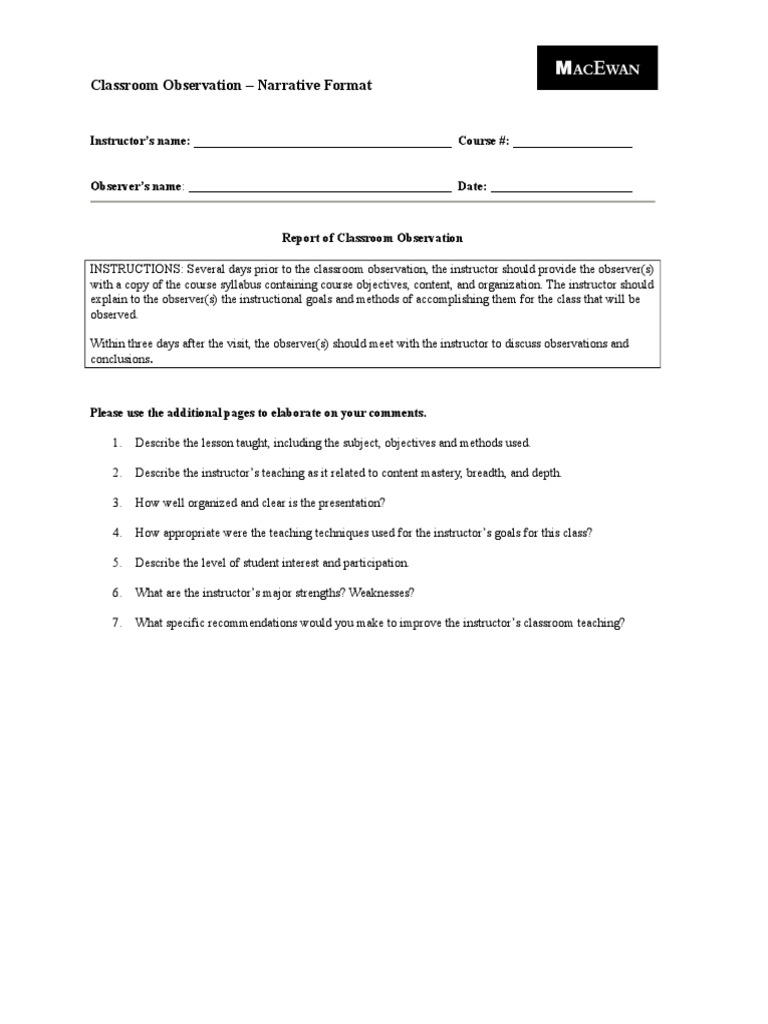 Observation of Teaching Skills Narrative Format1 | PDF