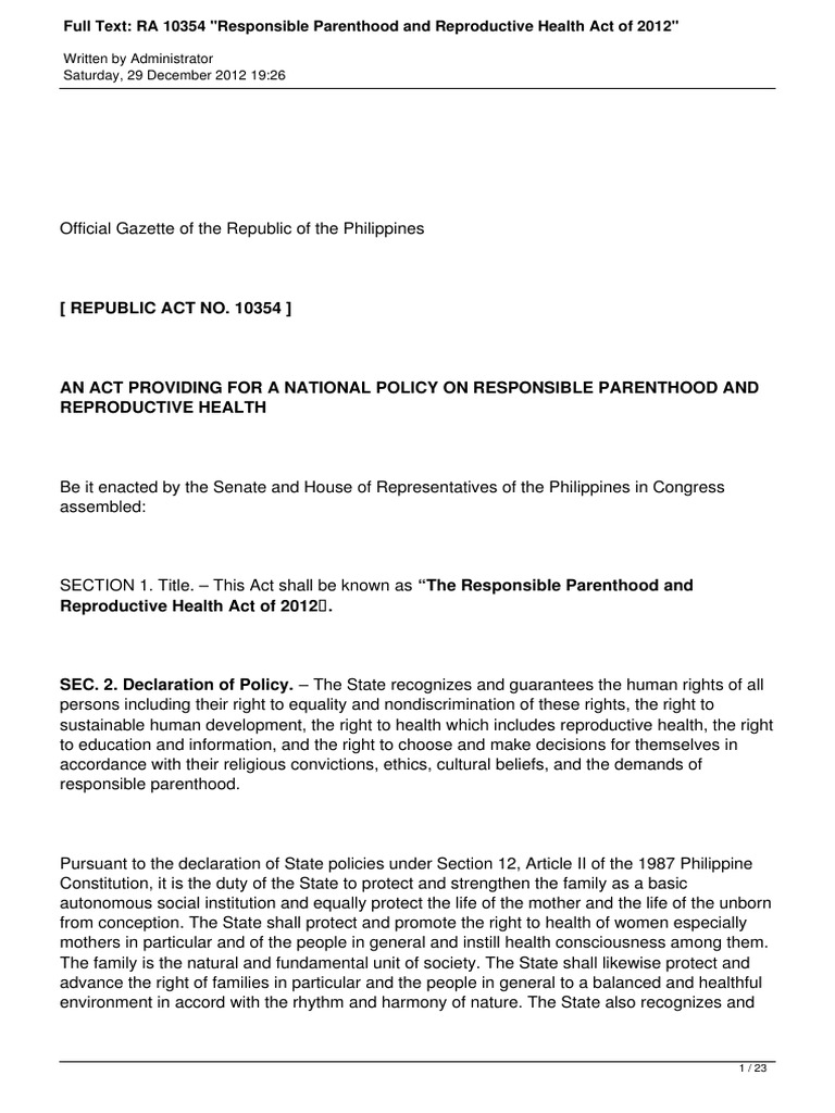 RA 10354: Reproductive Health Act Summary | PDF | Reproductive Health ...