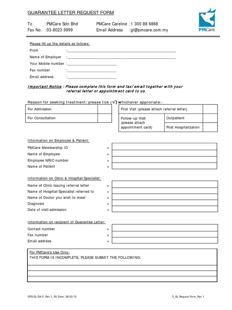 Guarantee Letter Request Form: To:Pmcare SDN BHD Pmcare Careline:1 300 ...