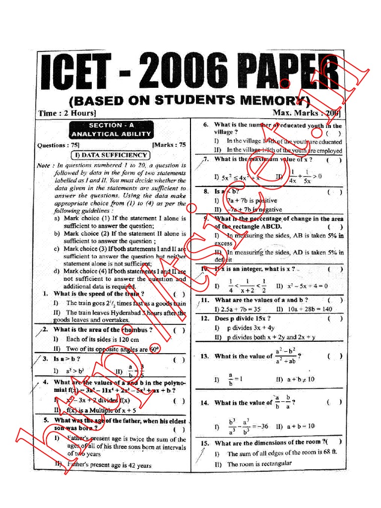 ICET Question Paper 2006 With Solution Answer Key Download | PDF