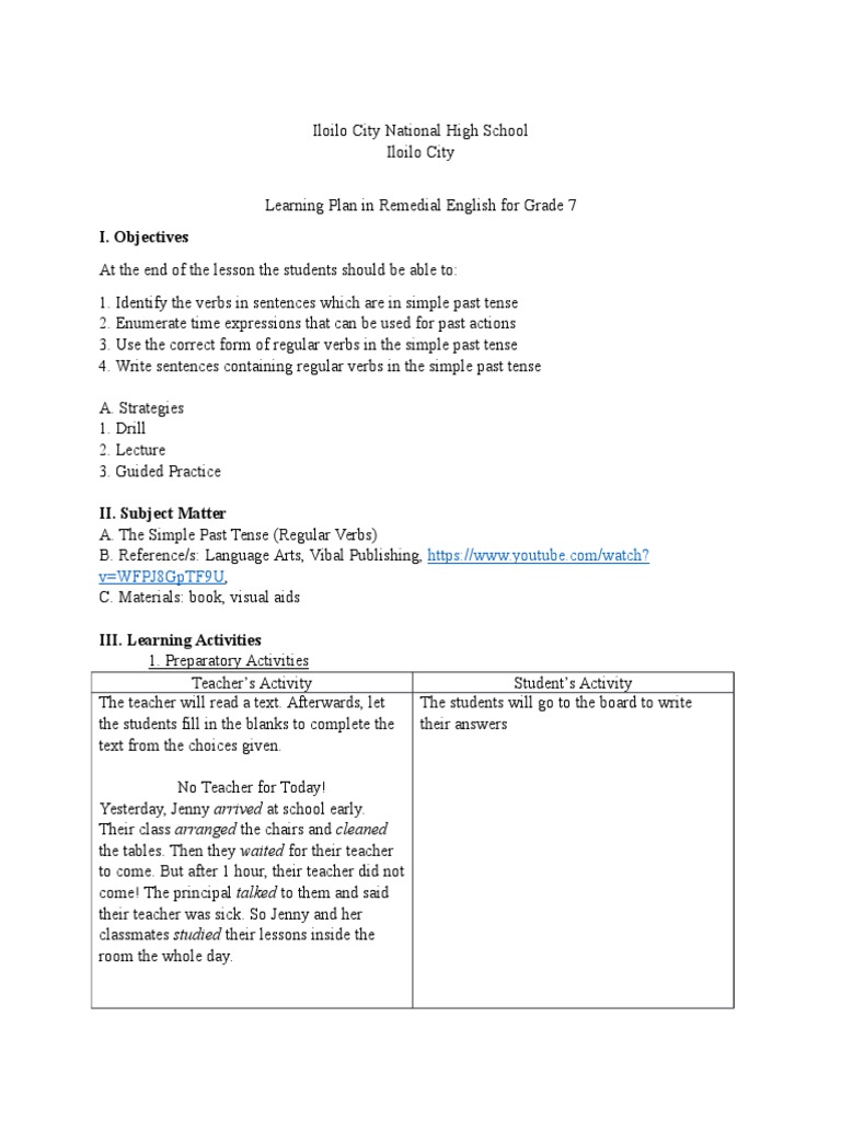 Remedial English LP1 Grammar | PDF | Verb | Lesson Plan