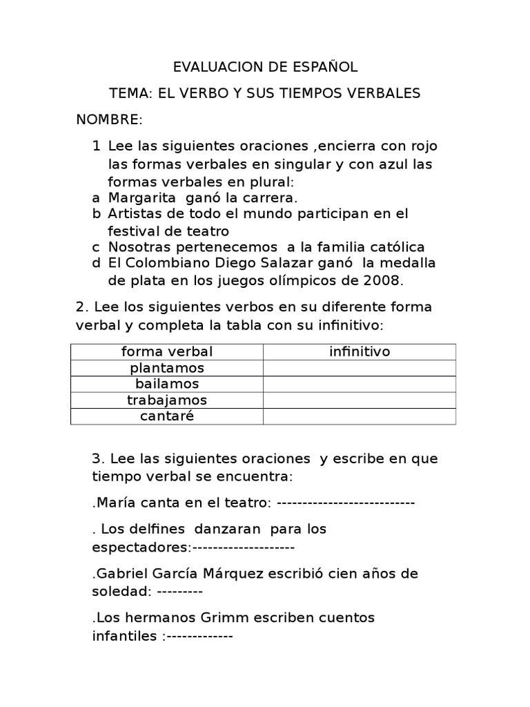 Evaluación de Verbos en Español | PDF | Arte