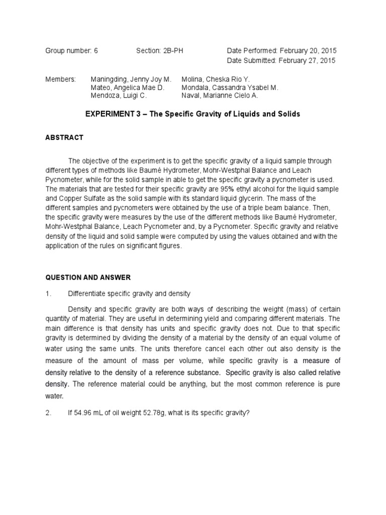 Specific Gravity of Solids and Liquids | PDF | Density | Physical ...