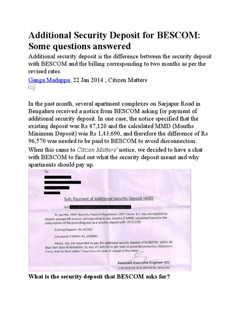 BESCOM ASD: Questions on additional security deposit | PDF | Landlord | Deposit Account