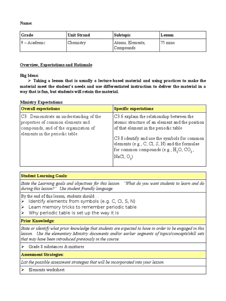Elements, Compunds Lesson Plan | PDF | Chemical Elements | Chemical ...