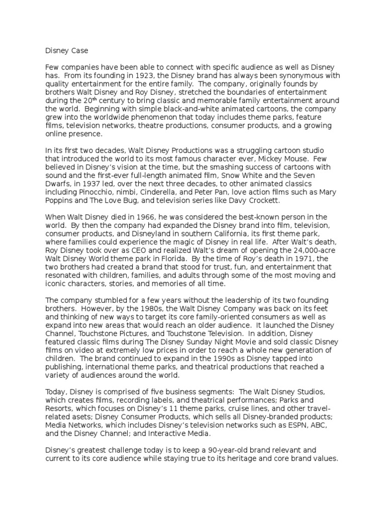 Case Study Disney Pdf The Walt Disney Company Walt Disney