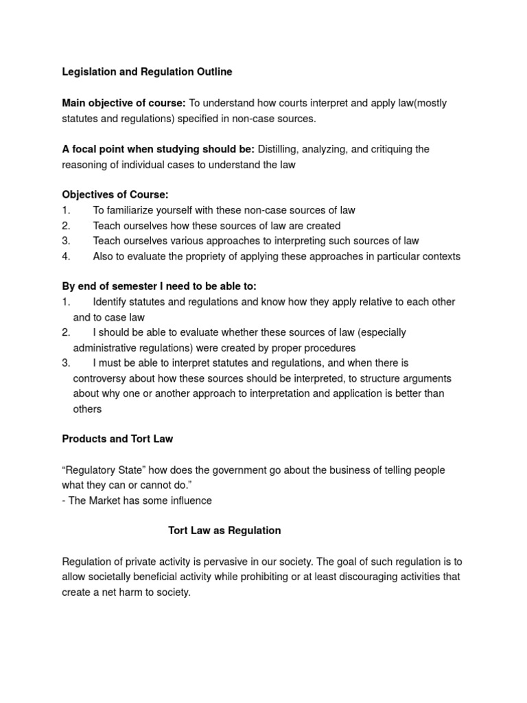 Legislation and Regulation Outline | PDF | Tort | Antonin Scalia