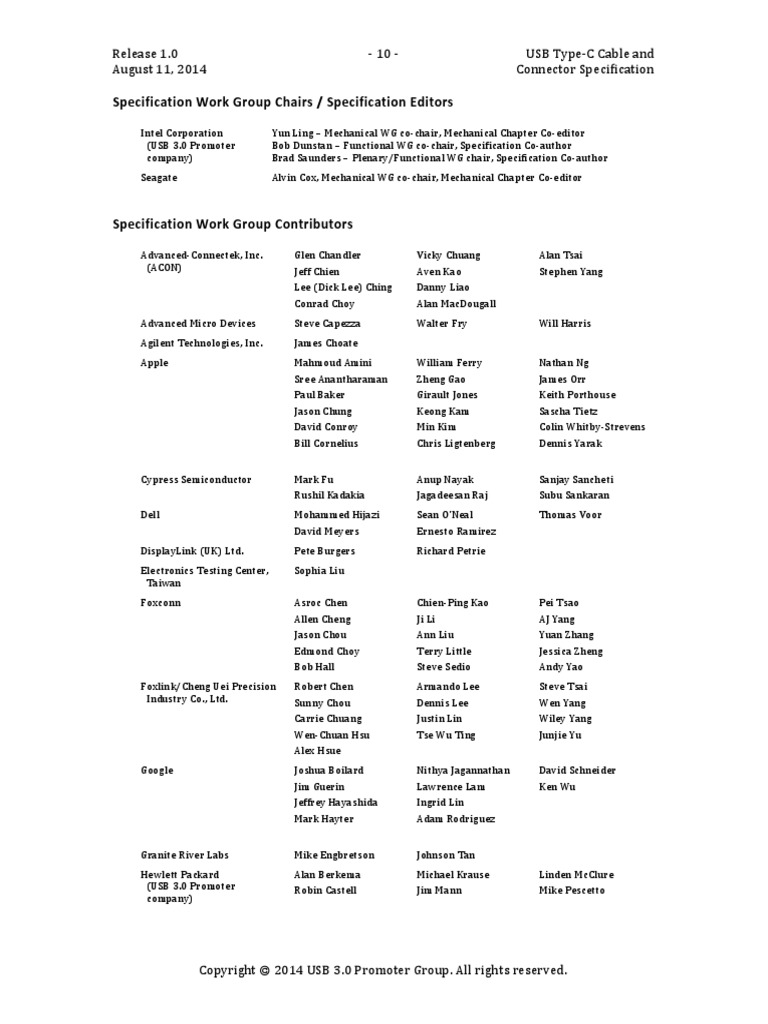 USB Type-C Specification Work Group Members | PDF