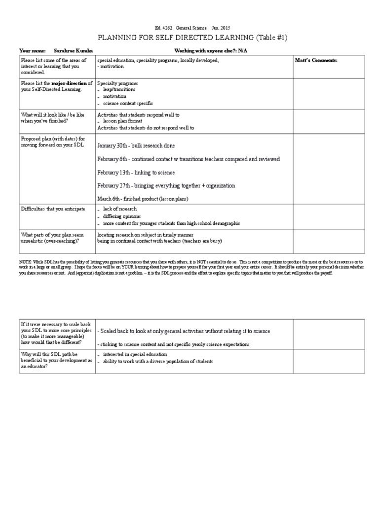 Self-Directed Learning Plan Overview | PDF | Lesson Plan | Special ...