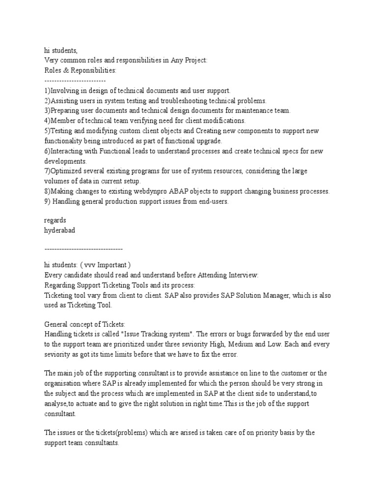 Vijayender Reddy Roles and Responsibilitiesw of Abap | PDF | Business Process | Consultant