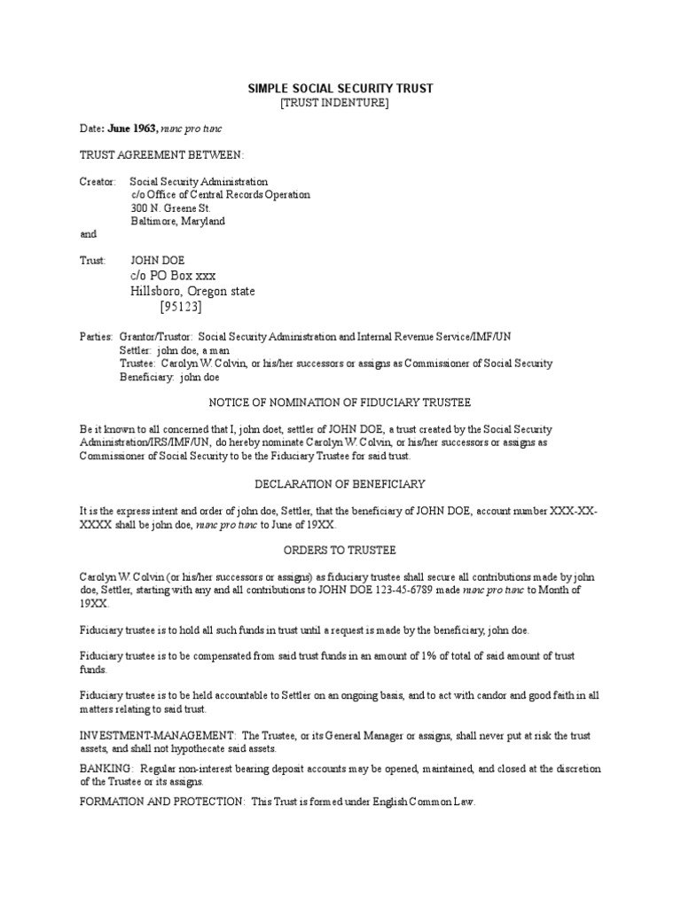 Example Simple Social Security Trust | PDF | Trust Law | Trustee