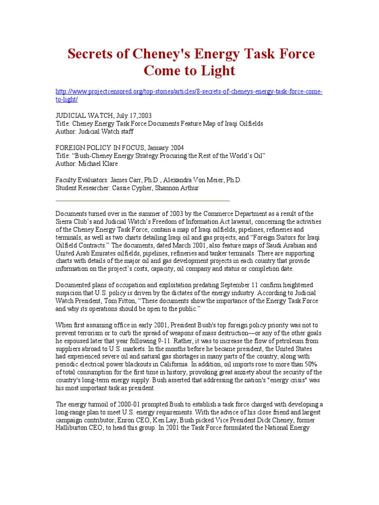 Cheney Enron Energy Task Force and Iraq Energy | PDF | Dick Cheney ...