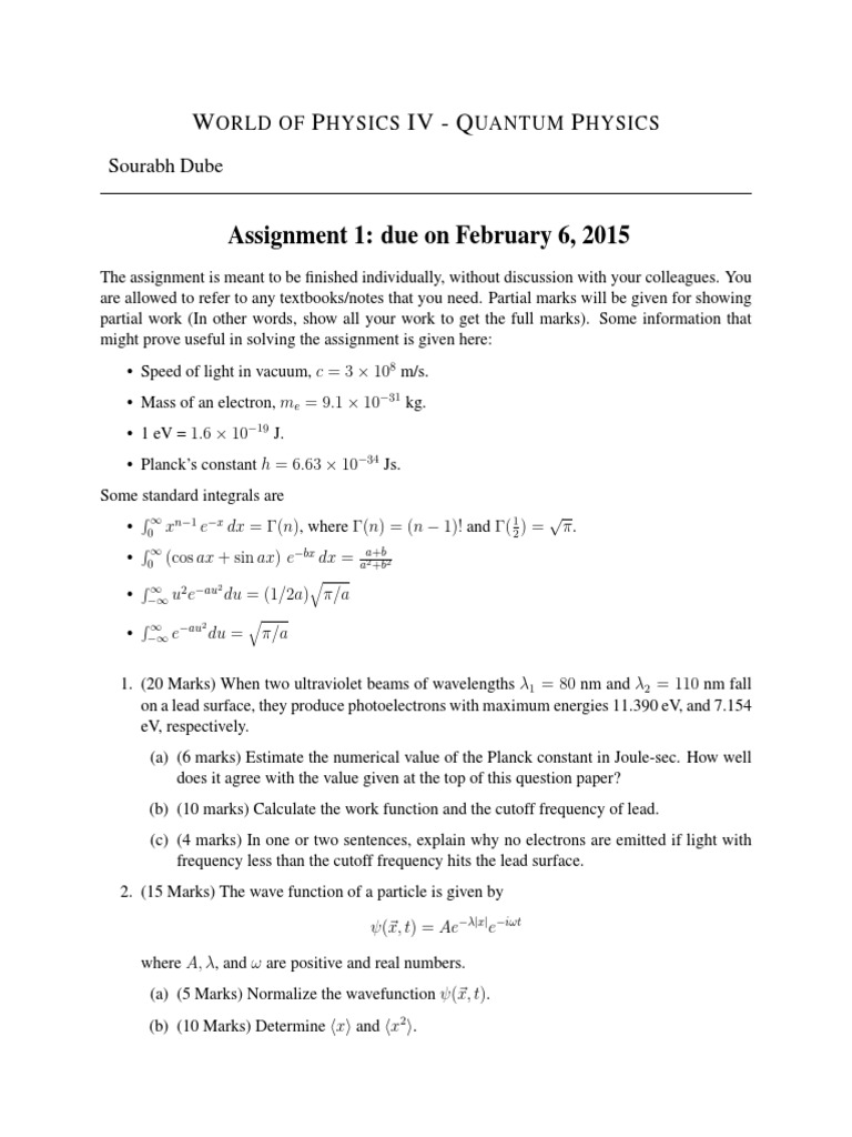 Quantum Physics IV - Assignment 1 Solutions | PDF | Wave Function | Waves