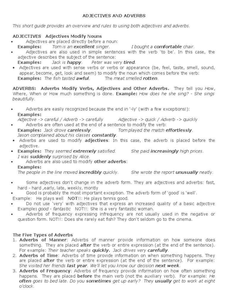 Adverbs Handout | PDF | Adverb | Adjective
