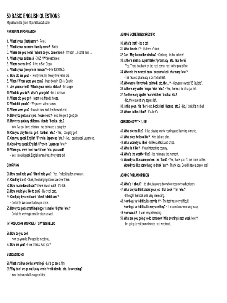 50 Basic English Questions | PDF | Leisure