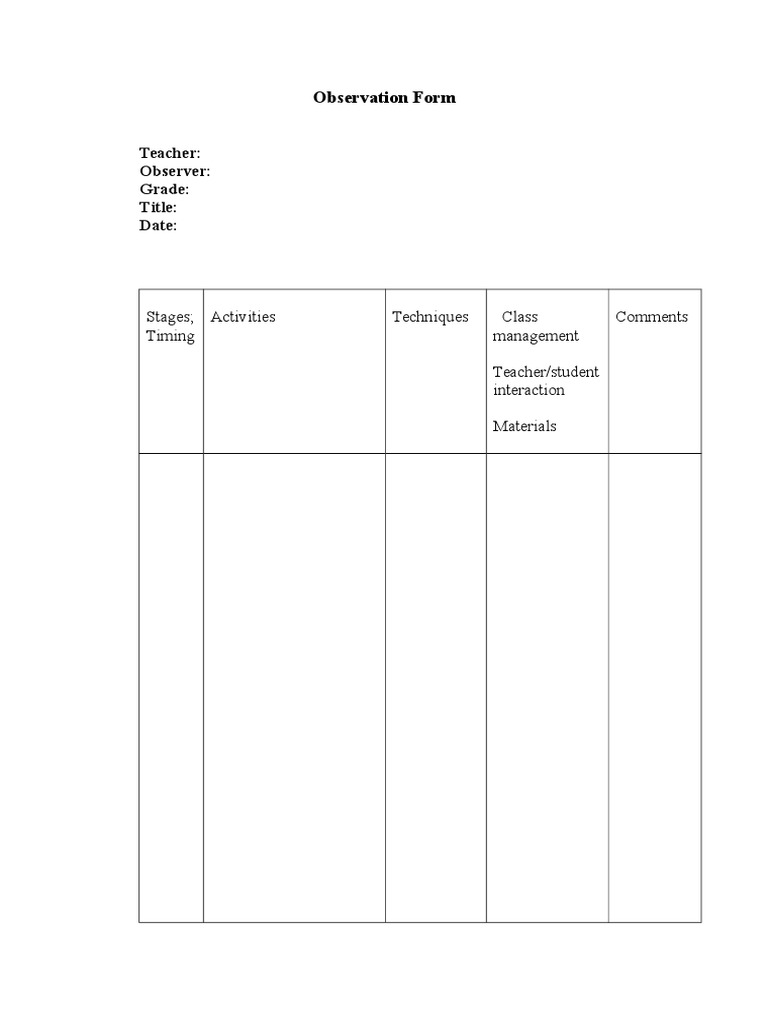 Teacher: Observer: Grade: Title: Date:: Observation Form | PDF | Art ...