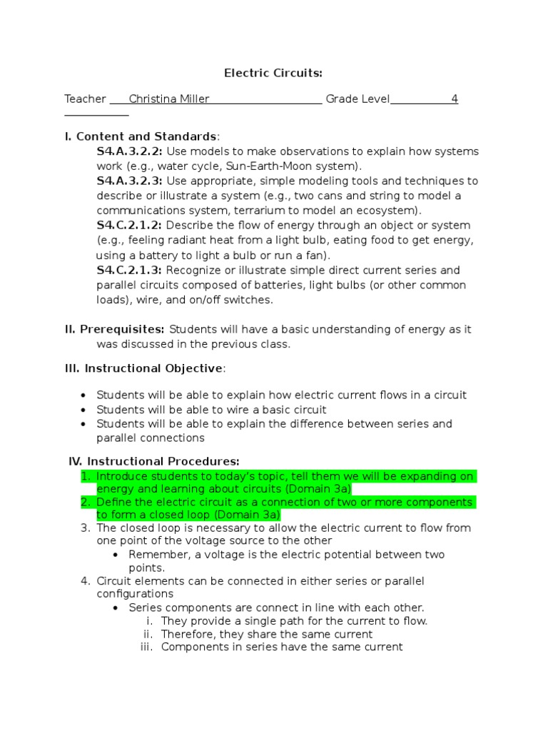 Electric Circuits Lesson Plan for Grade 4 | PDF | Series And Parallel ...