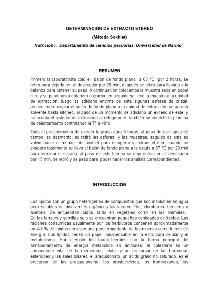 Determinación de Extracto Etéreo Informe | PDF | Lípido | Ácido graso