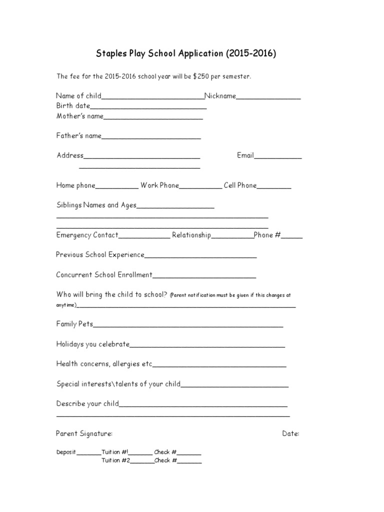 Staples Play School Registration Form | PDF