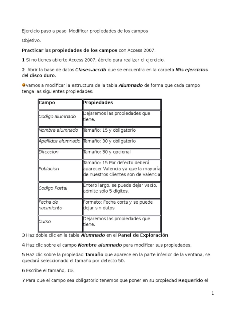 Ejercicio Paso A Paso. Modificar Propiedades de Los Campos Access Unidad 5 | PDF | Tabla (base ...