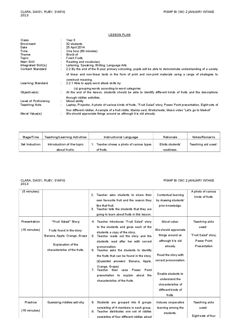 Lesson Plan (Reading and Vocabulary) | PDF | Lesson Plan | Reading ...