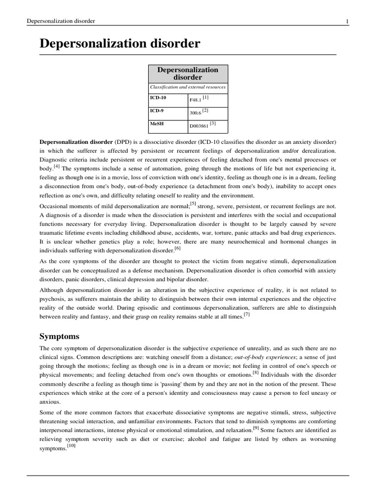 Depersonalization Disorder | Mental And Behavioural Disorders | Mental ...