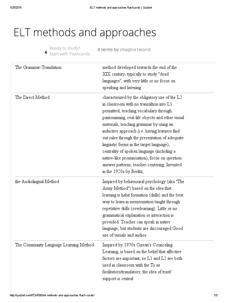 ELT Methods and Approaches Flashcards - Quizlet PDF | PDF | Second Language | Teaching