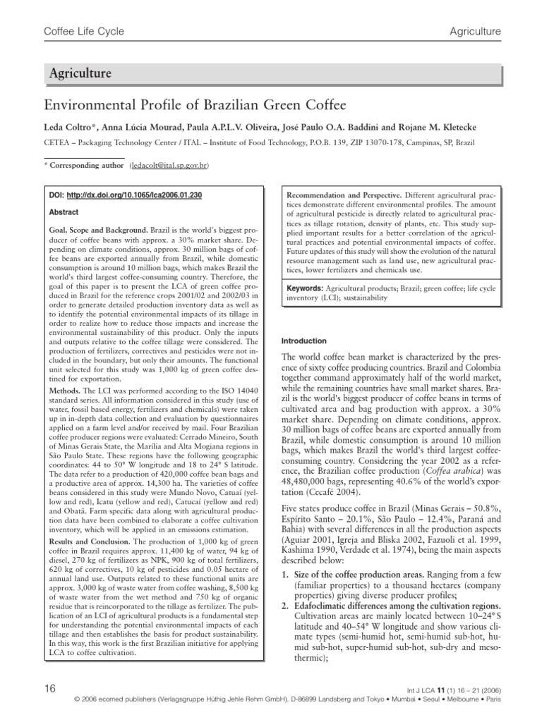 Life Cycle Inventory (LCI) of Brazilian Green Coffee | PDF | Life Cycle ...