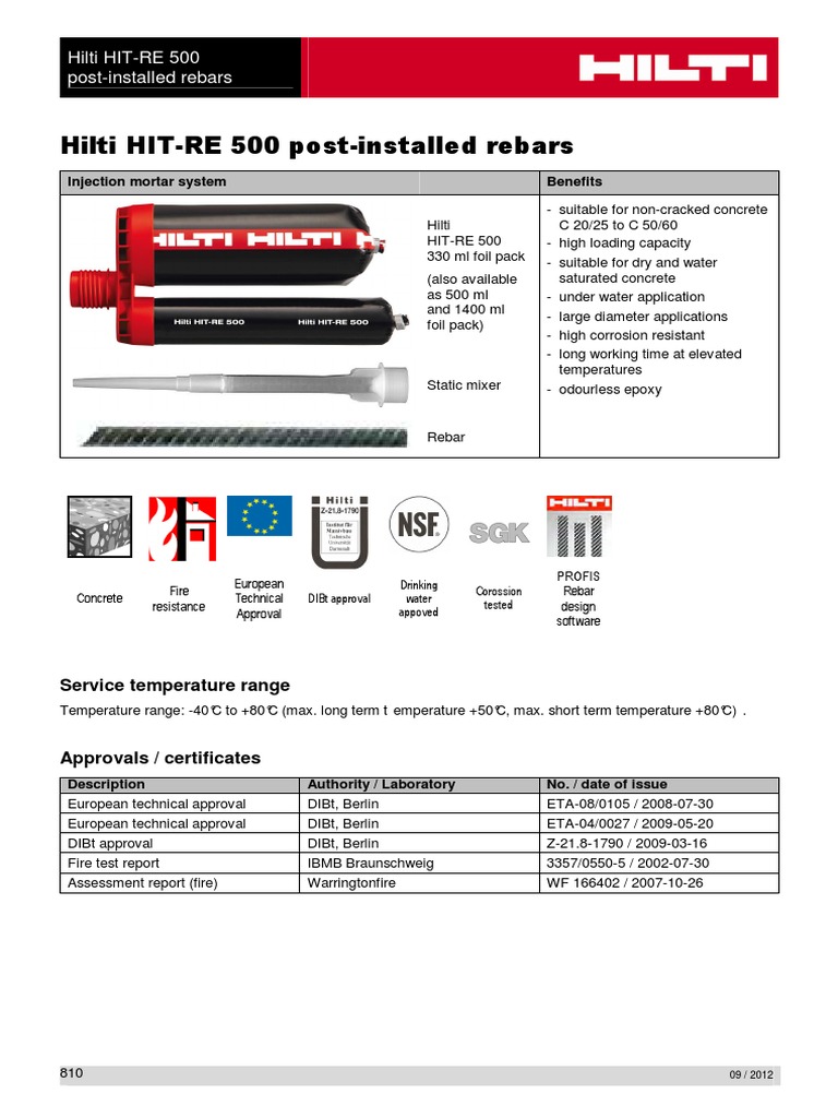 Hilti HIT RE 500 Post Installed Rebars PDF | PDF | Concrete | Chemistry