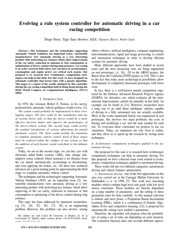 Evolving A Rule System Controller For Automatic Driving in A Car Racing Competition | PDF ...