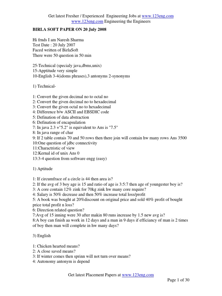 Birlasoft Placement Papers PDF | PDF | Inheritance (Object Oriented Programming) | Sql