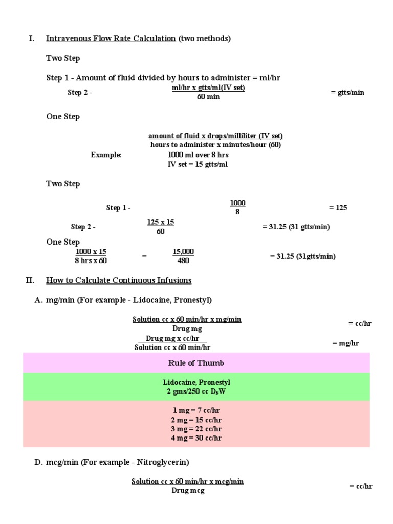 IV Flow Rate and Drug Calculation Guide | PDF | Intravenous Therapy ...