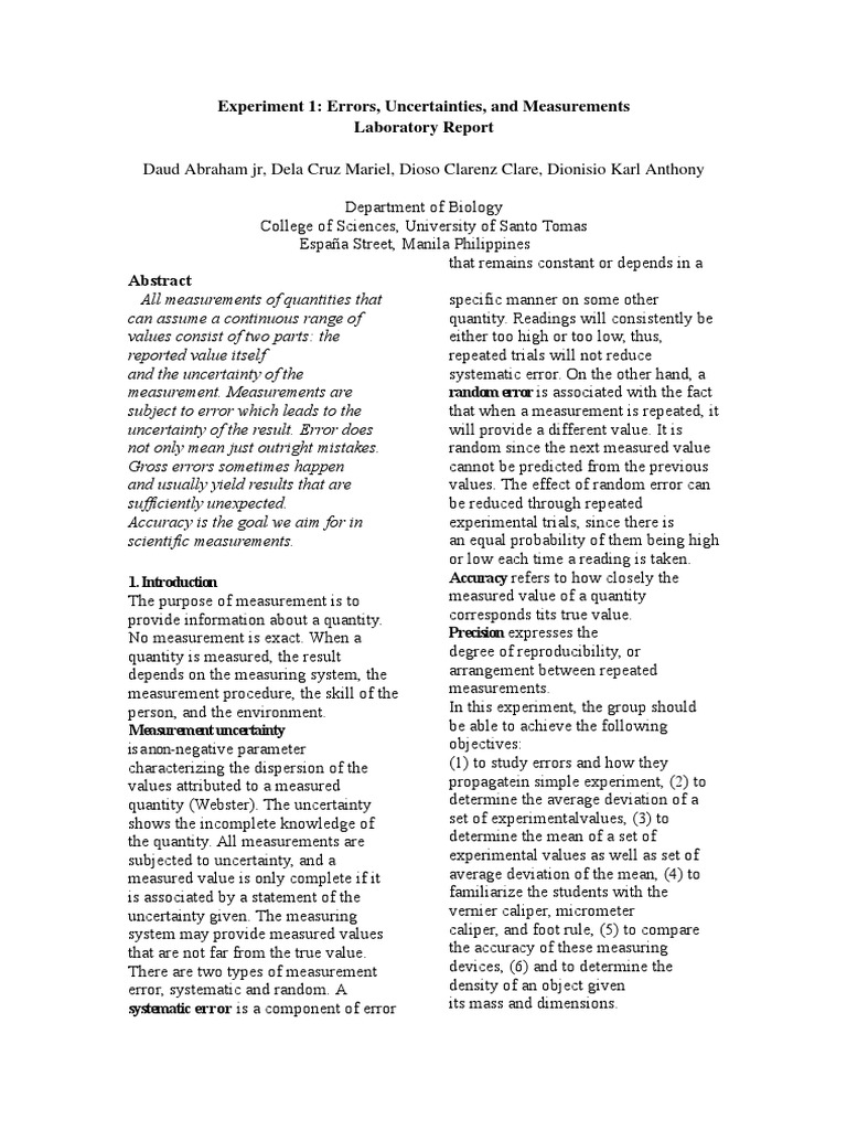 Physics Experiment 1 | PDF | Accuracy And Precision | Observational Error